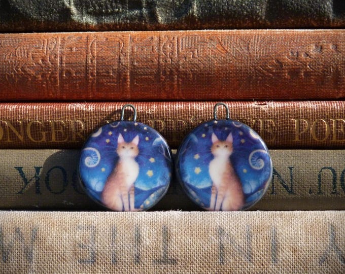 Handmade Ceramic Charms: Beautiful Cat With Crescent Moon Illustration ...