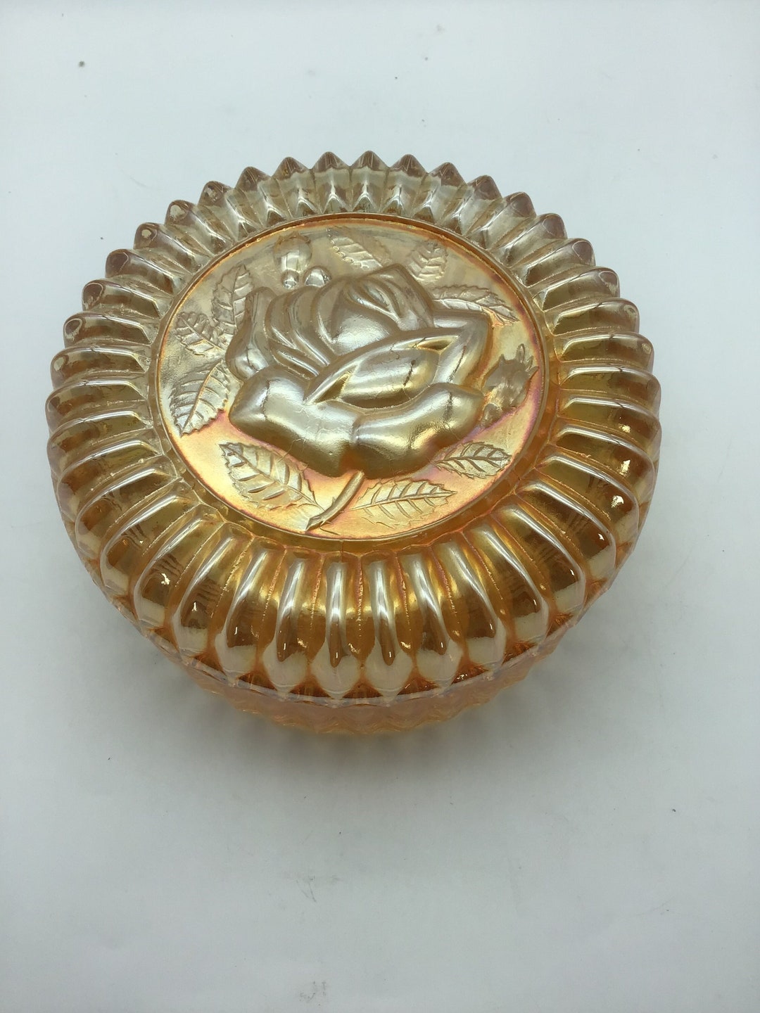 Vintage Jeanette Glass Powder Jar,iridescent Carnival Glass With ...