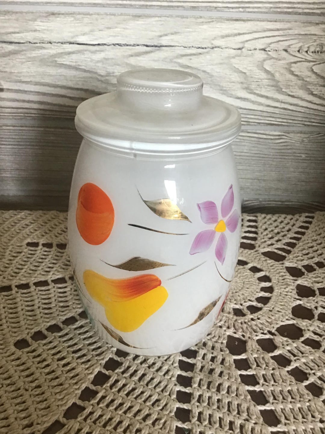 Vintage Bartlett Collin’s Cookie Jar,white Frosted Glass, Handpainted ...