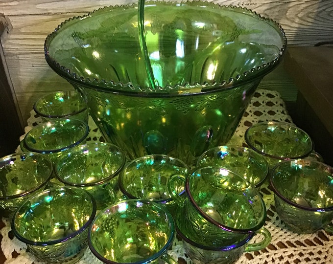 Indiana Glass Emerald Green Punch Bowl Set, Green Glass Punchbowl ...