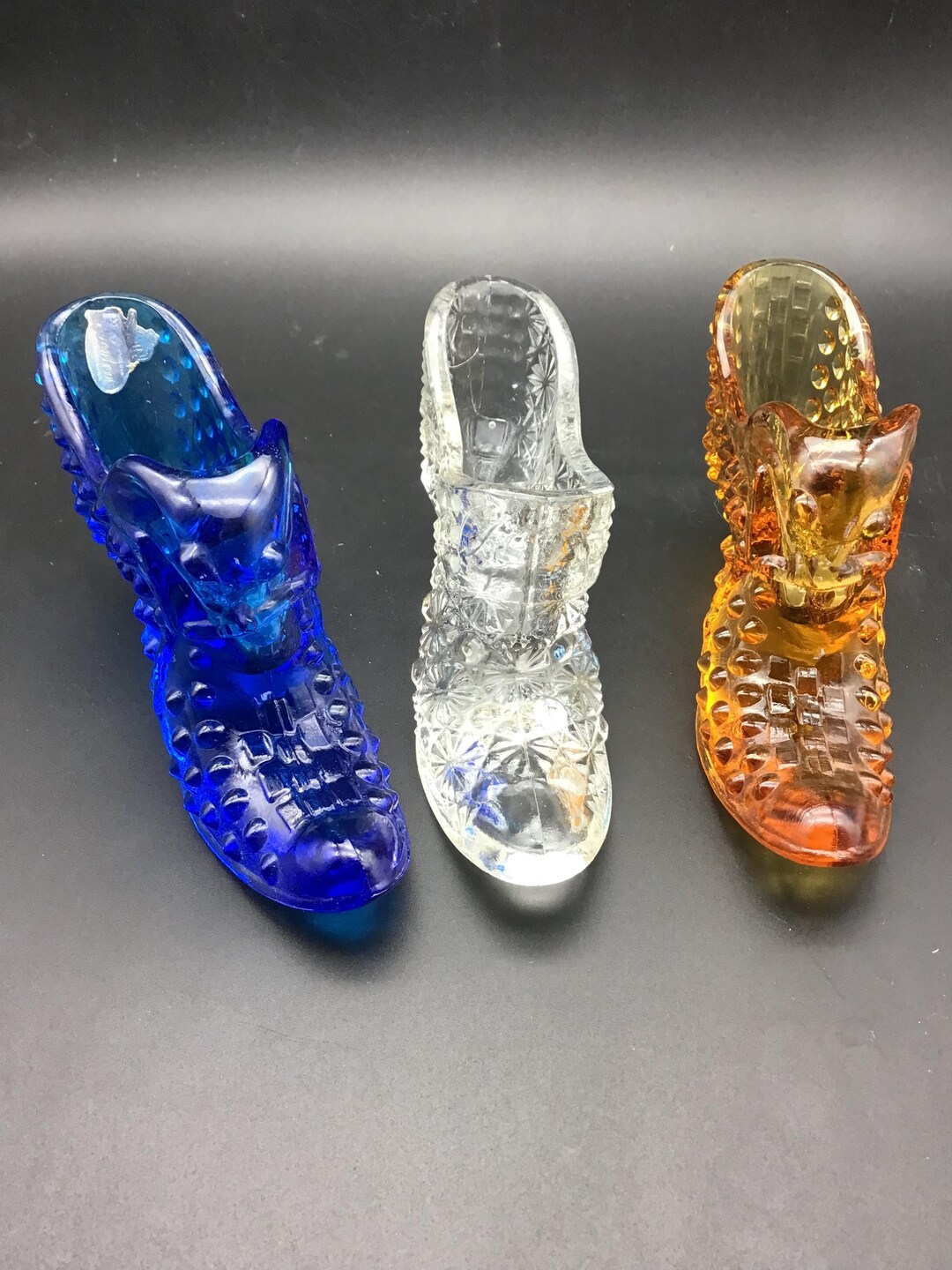 Fenton Hobnail Glass Shoe,set of 3,blue Glass,amber Glass,clear Glass ...