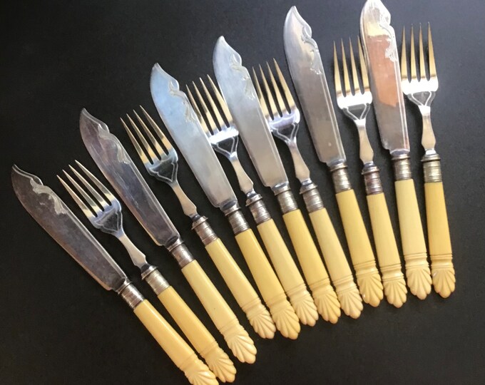 Vintage Fish Forks and Fish Knives Set of 12 Celluloid Art Deco Handles ...