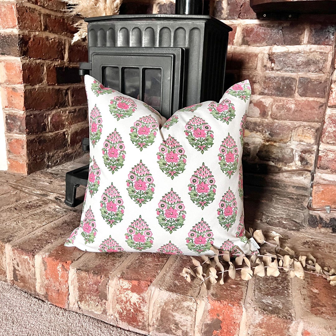 1605. RINA PINK/GREEN Block Print - 100% Organic Cotton Cushion Cover ...