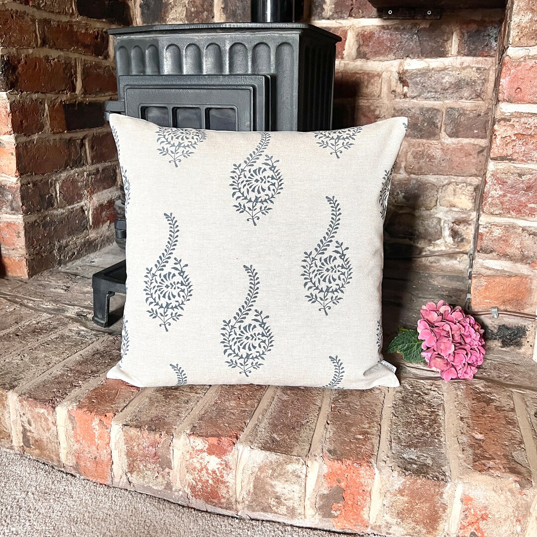 1316. Blue HUMBER Block Print Linen Look 100% Cotton Cushion - Etsy