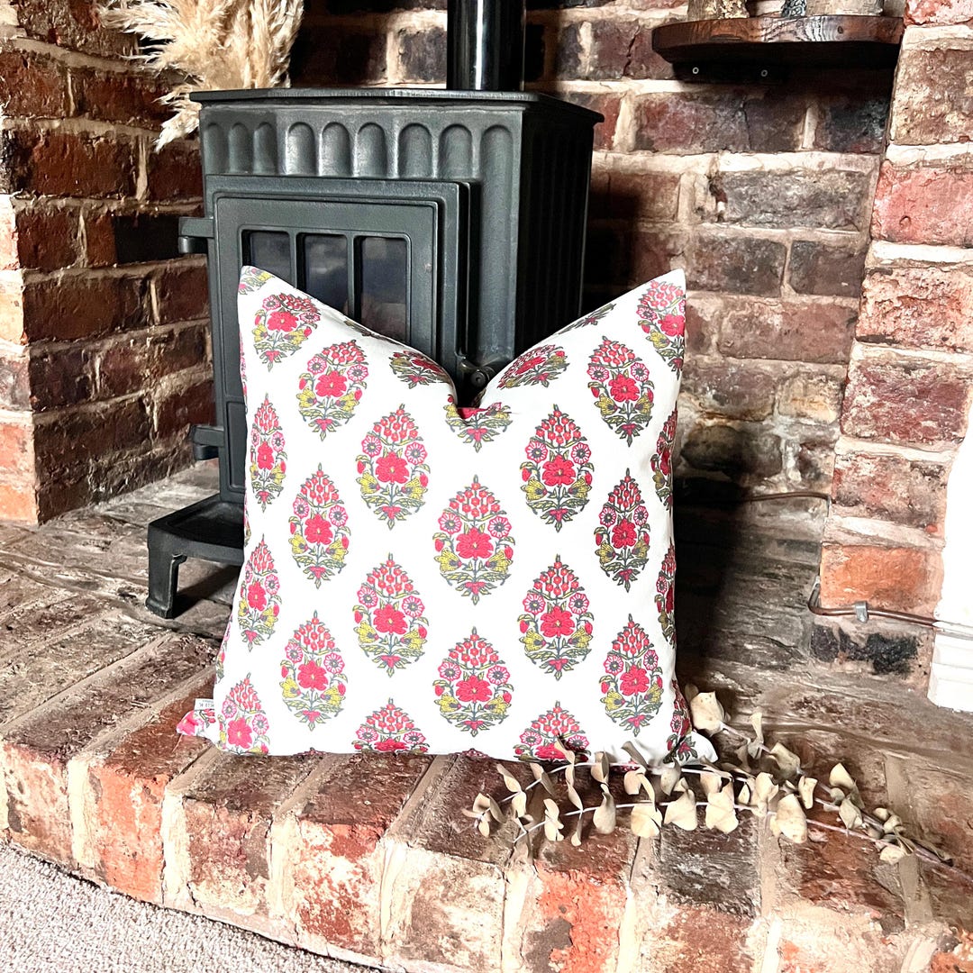 1604. RINA RED/YELLOW Block Print - 100% Organic Cotton Cushion Cover ...