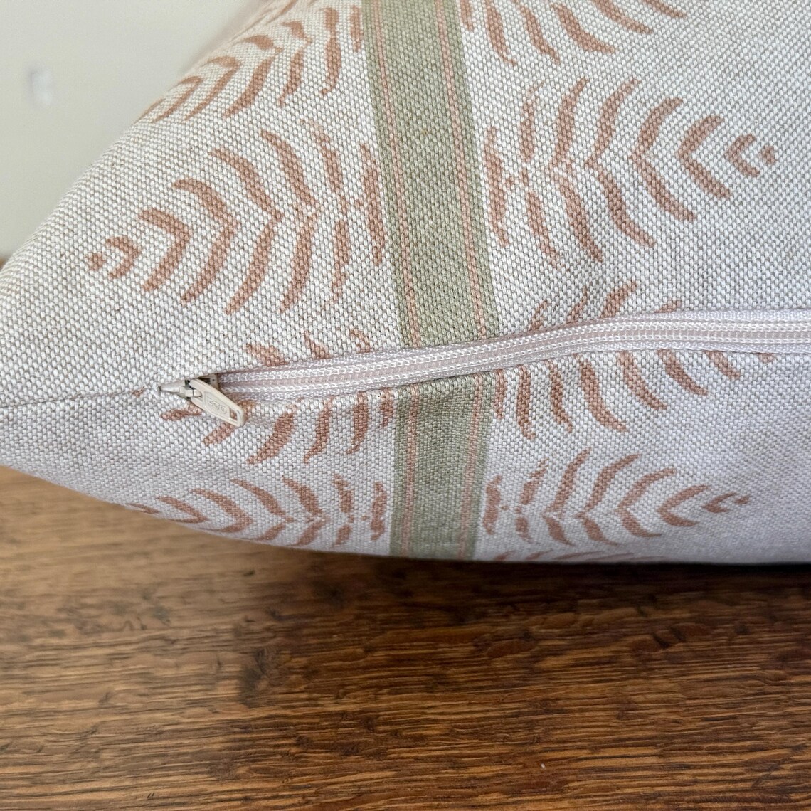 1657. CONIFER STRIPE Green/blush Block Print Linen Look 100% Cotton ...