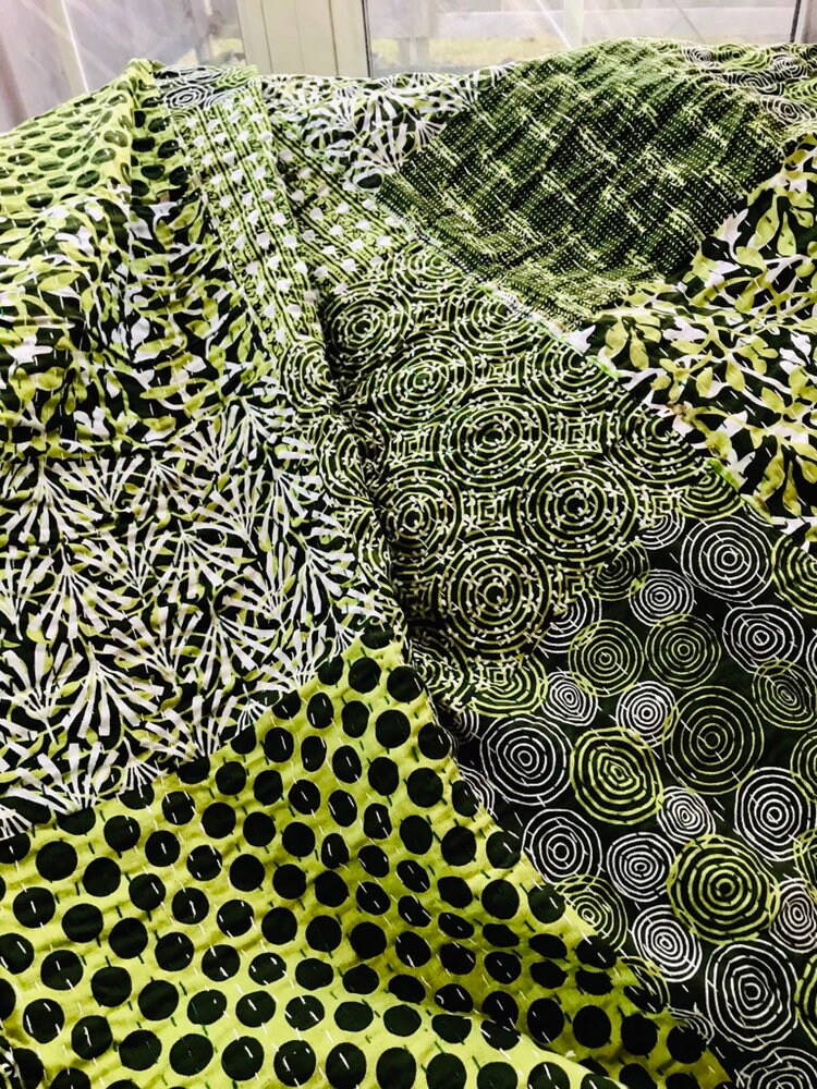 Green Quilt 100 Percent Cotton Quilt Ethnic Bright Boho Quilt Patchwork ...