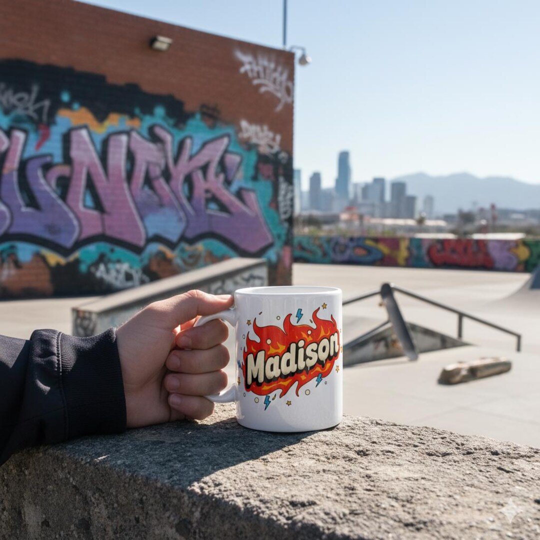 Madison Graffiti Name Mug | Flame Street Art Comic Doodles - Etsy