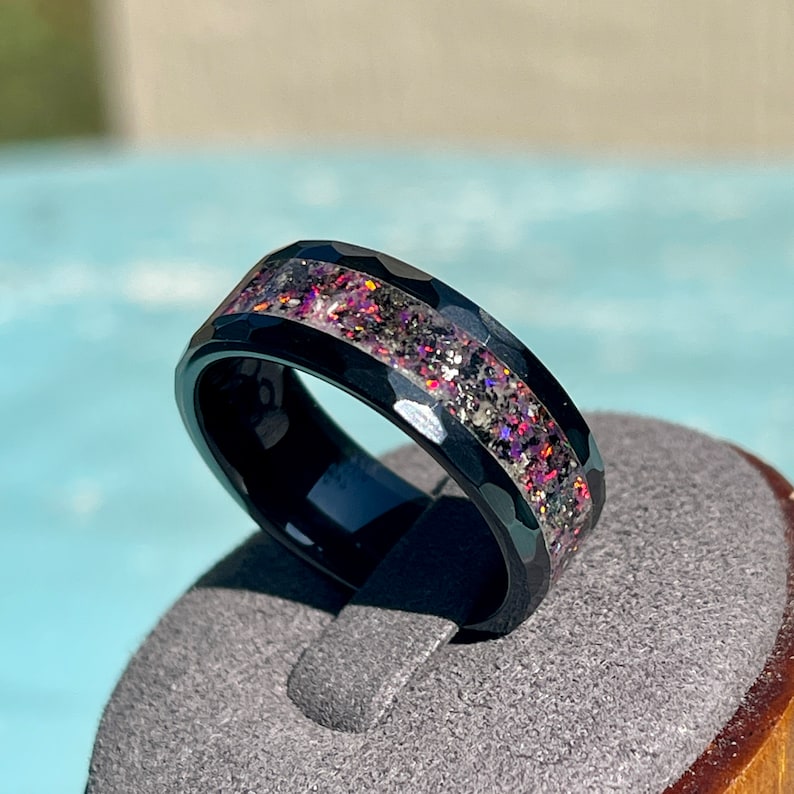 Black Ceramic Hammered Pet Cremation Ring 8mm Tungsten or - Etsy