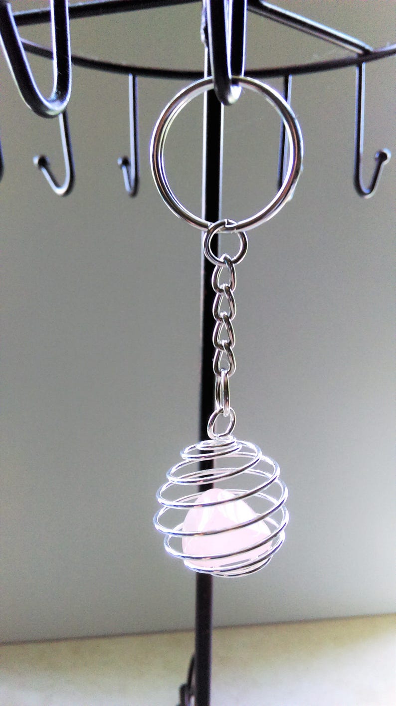 Silver Spiral Cage Ball Keychain With Rose Quartz Healing - Etsy