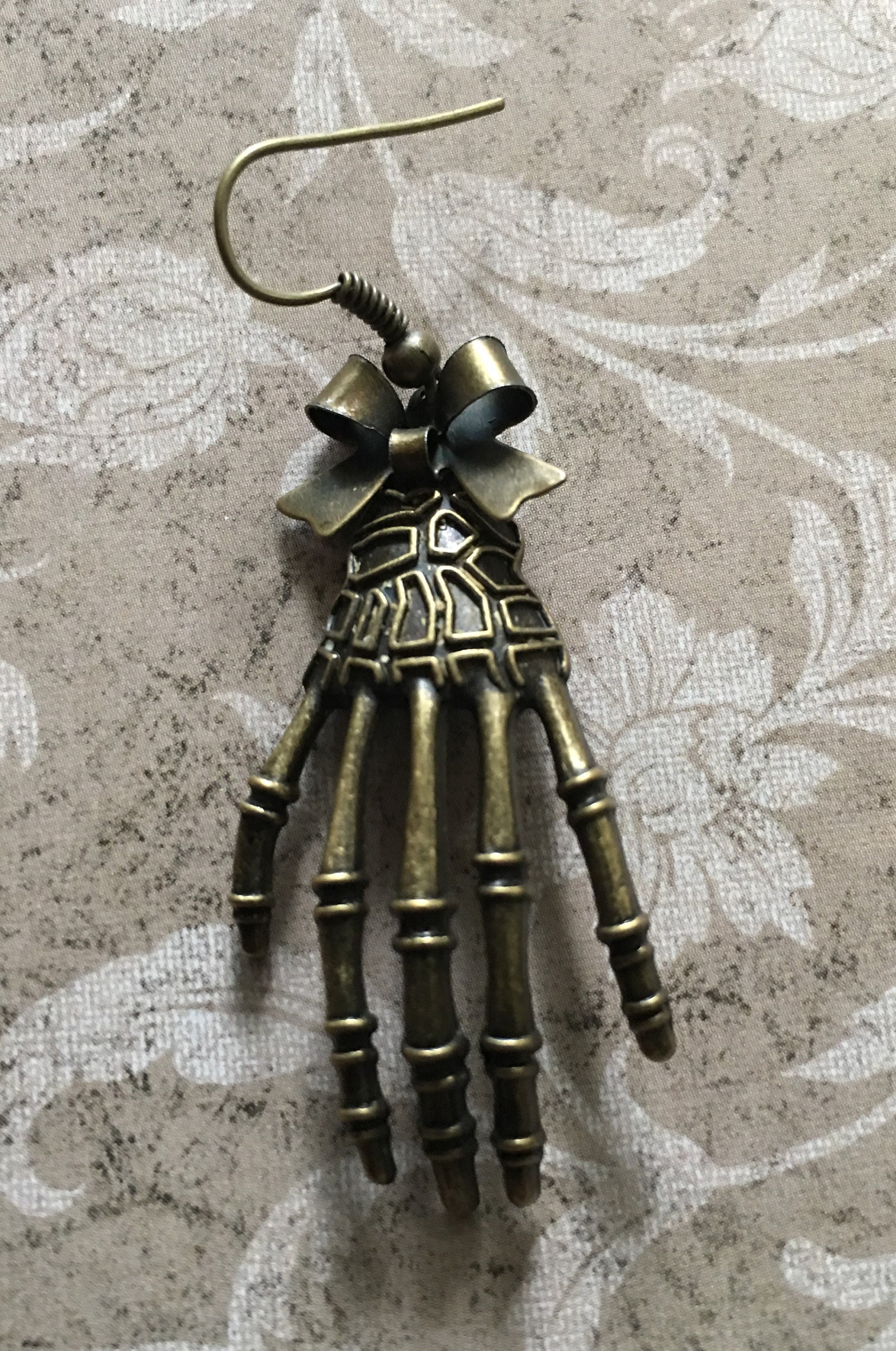 Skeleton Hand Bone Charm Earrings With Bow - Long Dangle Goth Punk ...