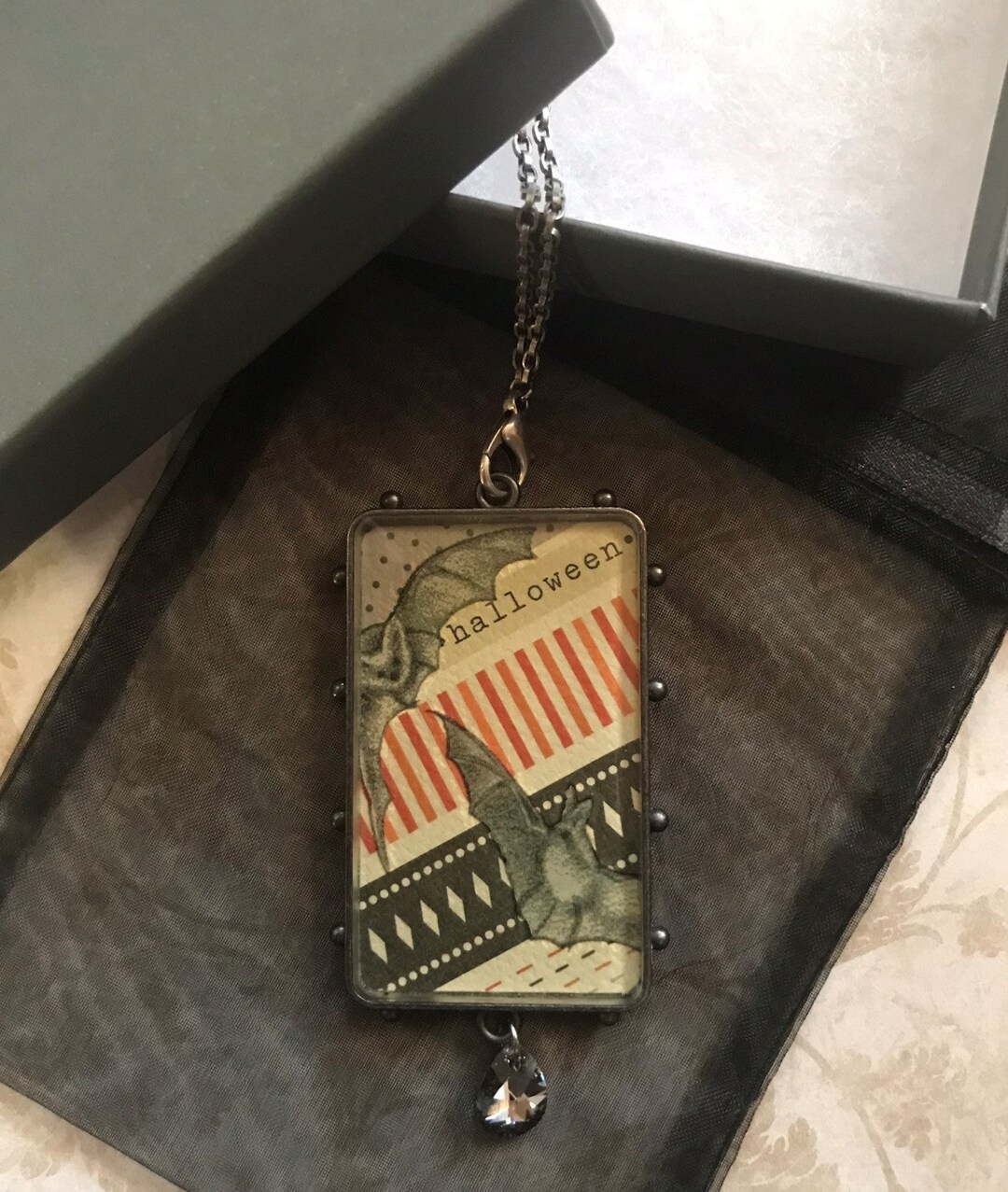 Halloween Bat Pendant - Spellbinders Bezel, Scrapbook Paper, Resin ...