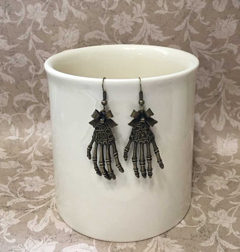 Skeleton Hand Bone Charm Earrings With Bow - Long Dangle Goth Punk ...