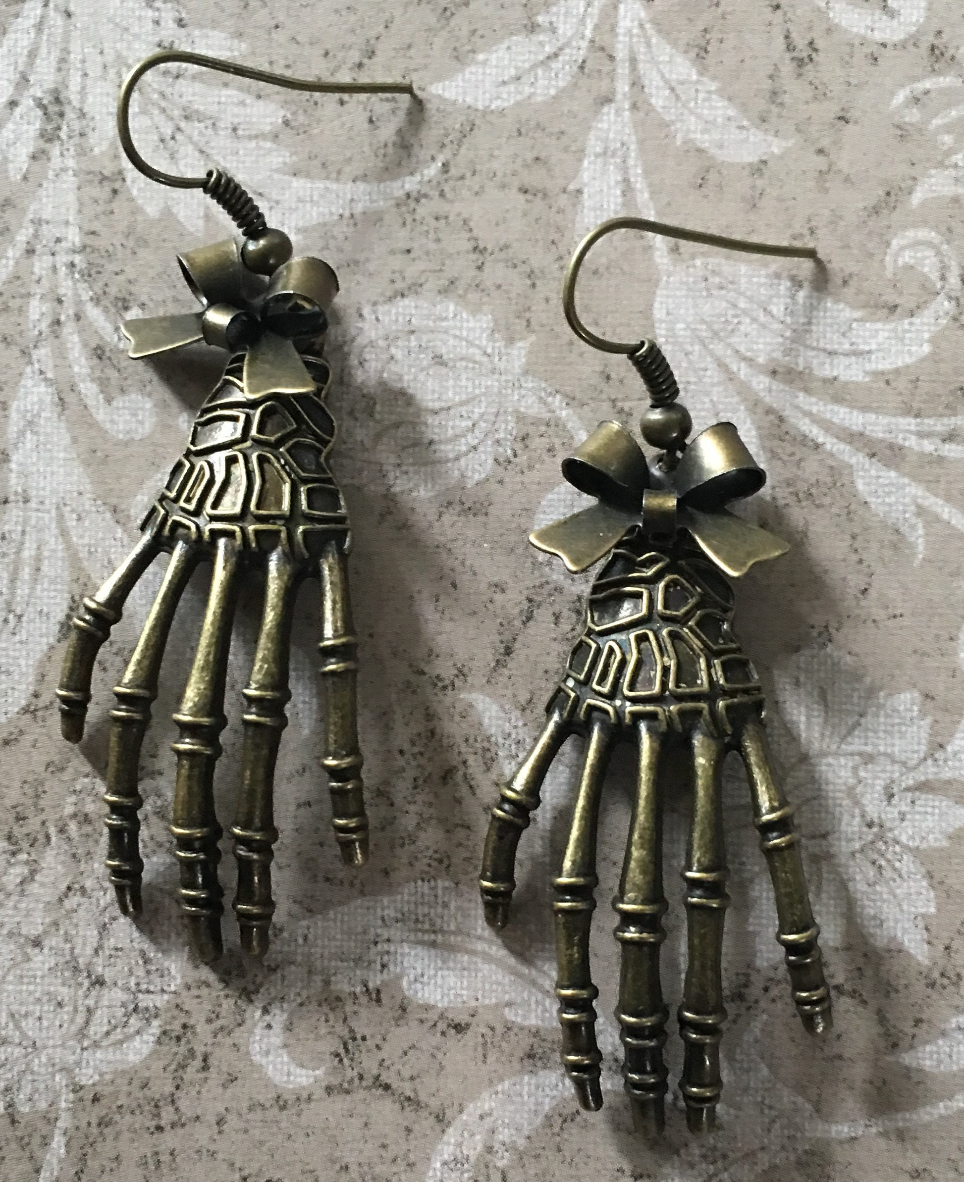 Skeleton Hand Bone Charm Earrings With Bow - Long Dangle Goth Punk ...