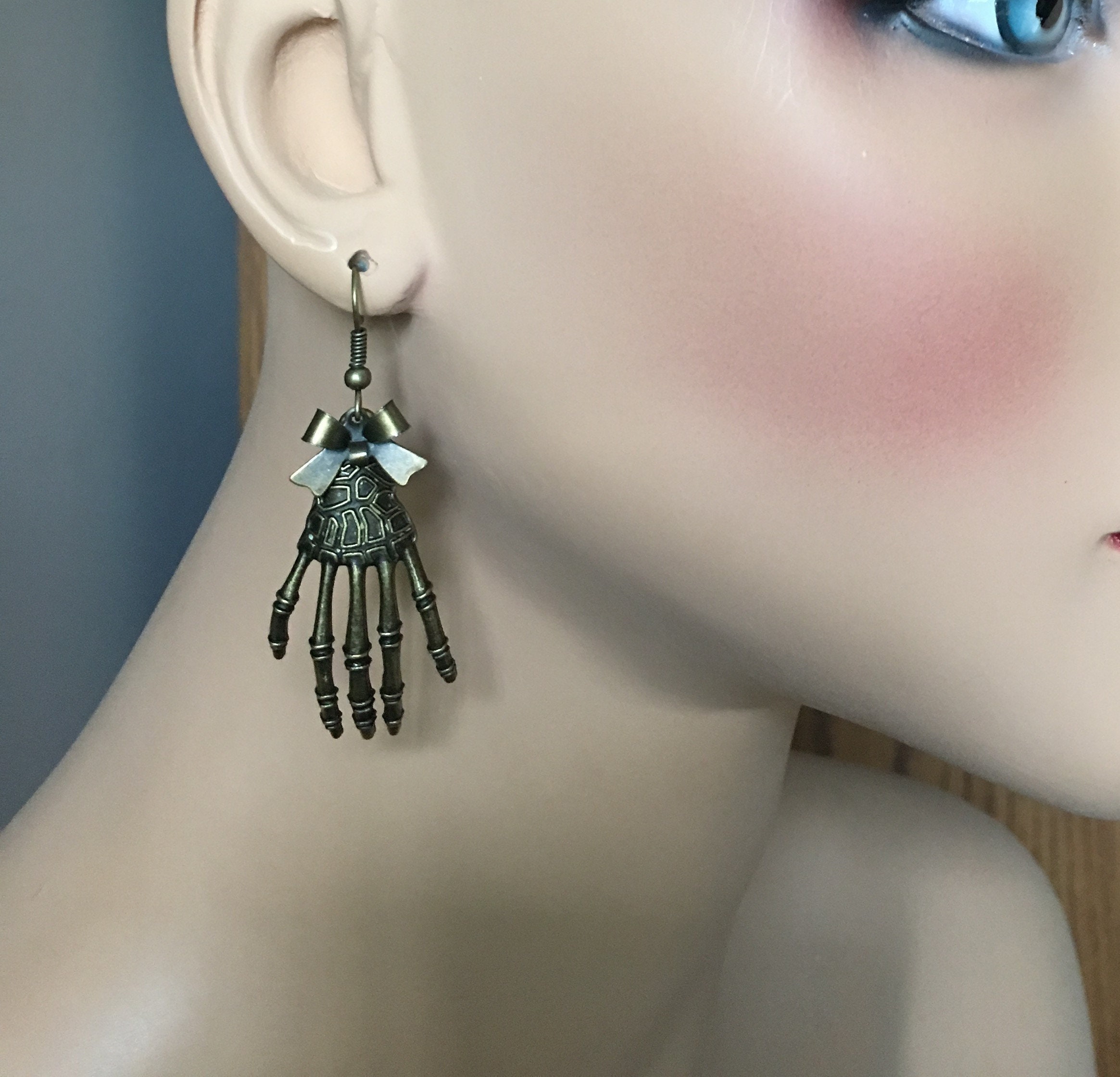 Skeleton Hand Bone Charm Earrings With Bow - Long Dangle Goth Punk ...