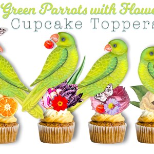 Green Parrot Cake Toppers, Parrot Cupcake Centrepiece, Tropical Forest ...