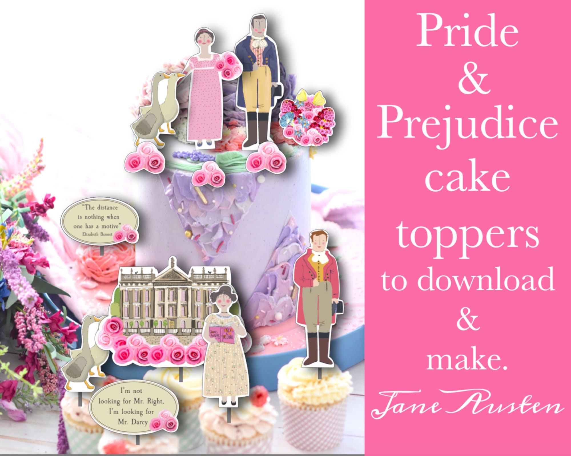 Wedding Cake Toppers Pride and Prejudice Cupcake Toppers DIY - Etsy