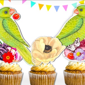 Green Parrot Cake Toppers, Parrot Cupcake Centrepiece, Tropical Forest ...