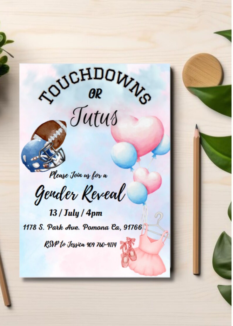 Touchdowns or Tutus Gender Reveal, Editable Invitation, Birthday Invite ...