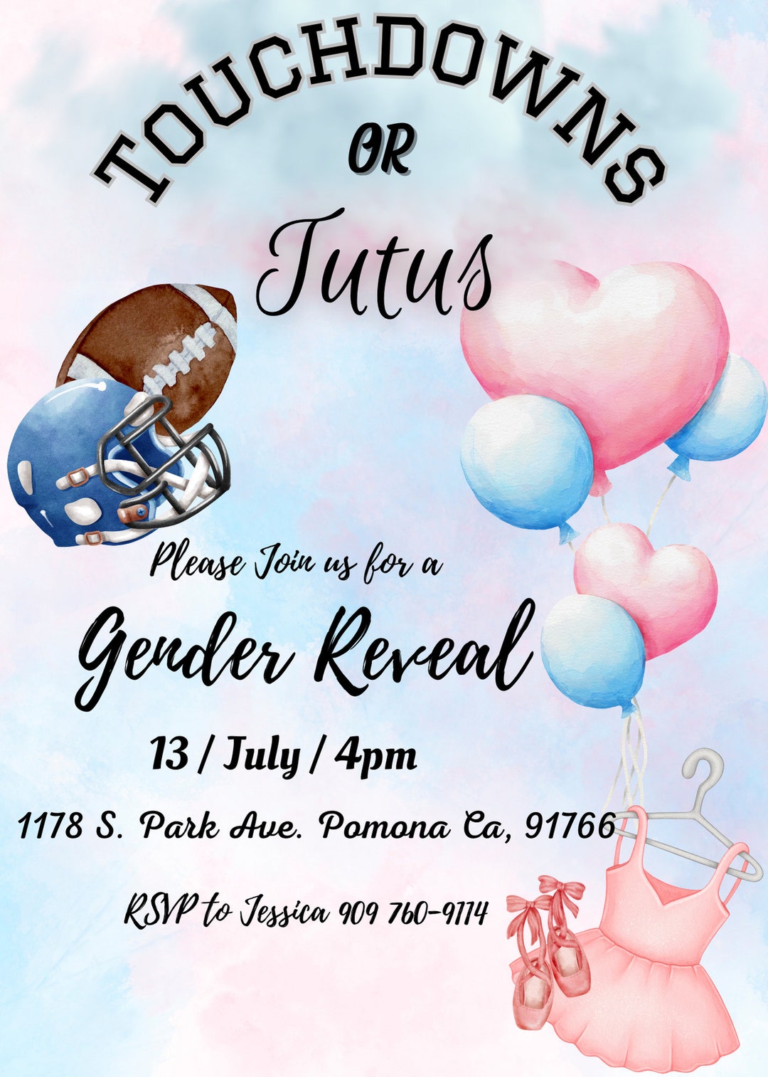 Touchdowns or Tutus Gender Reveal, Editable Invitation, Birthday Invite ...