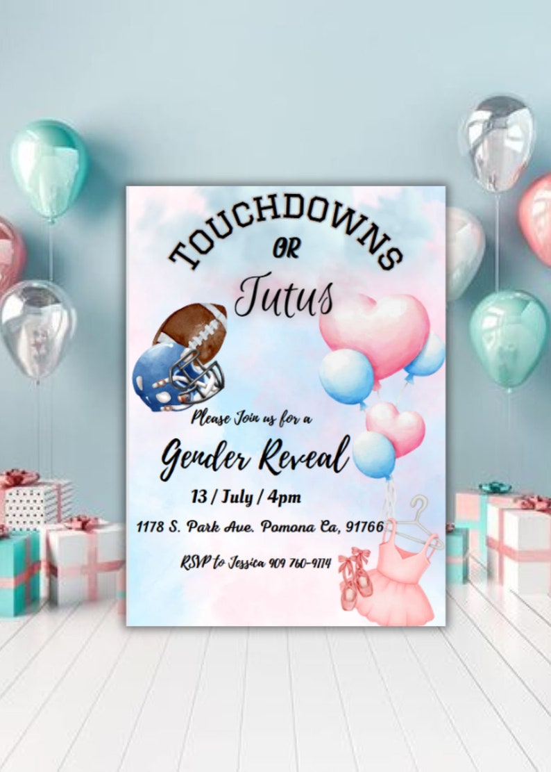 Touchdowns or Tutus Gender Reveal, Editable Invitation, Birthday Invite ...