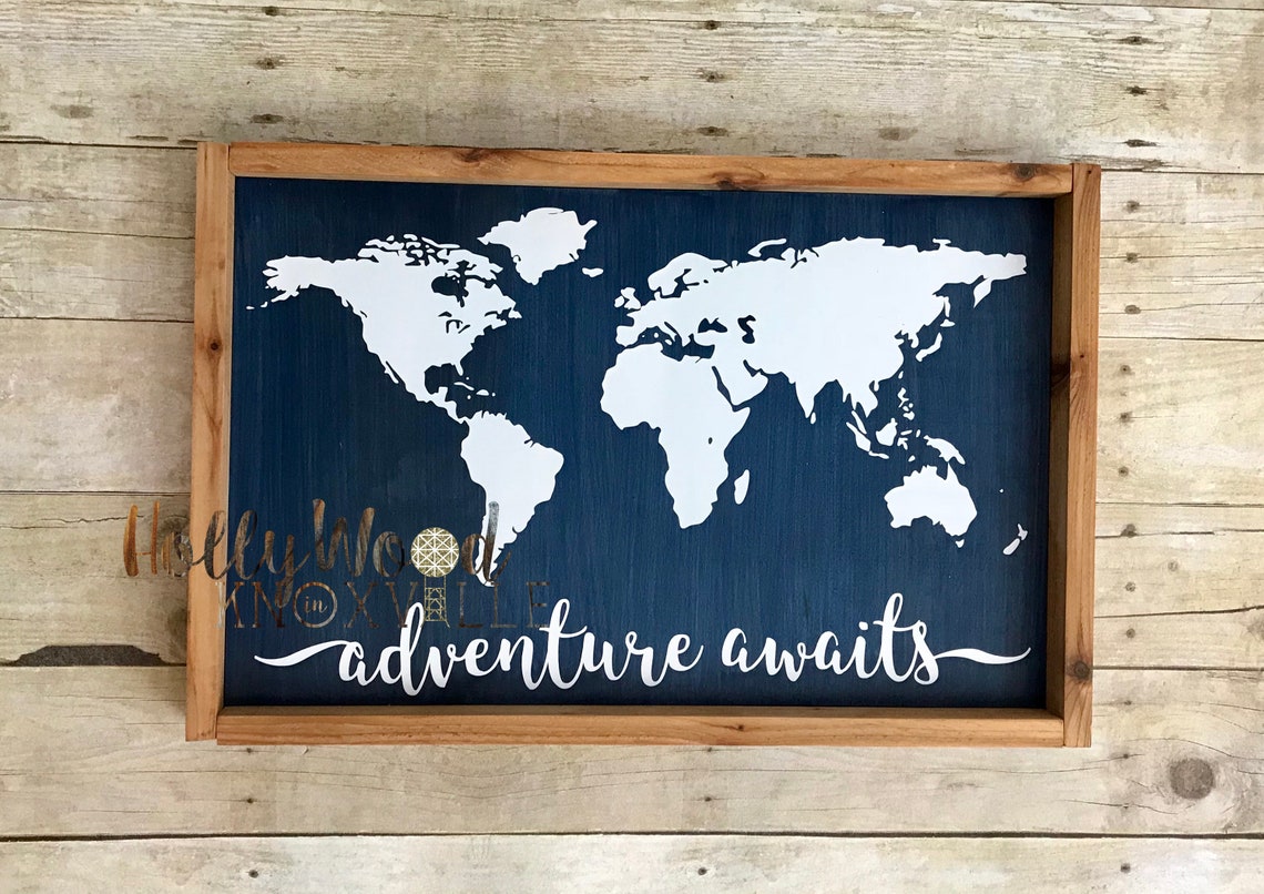 World Map Sign Adventure Awaits Sign Continents Sign Framed - Etsy