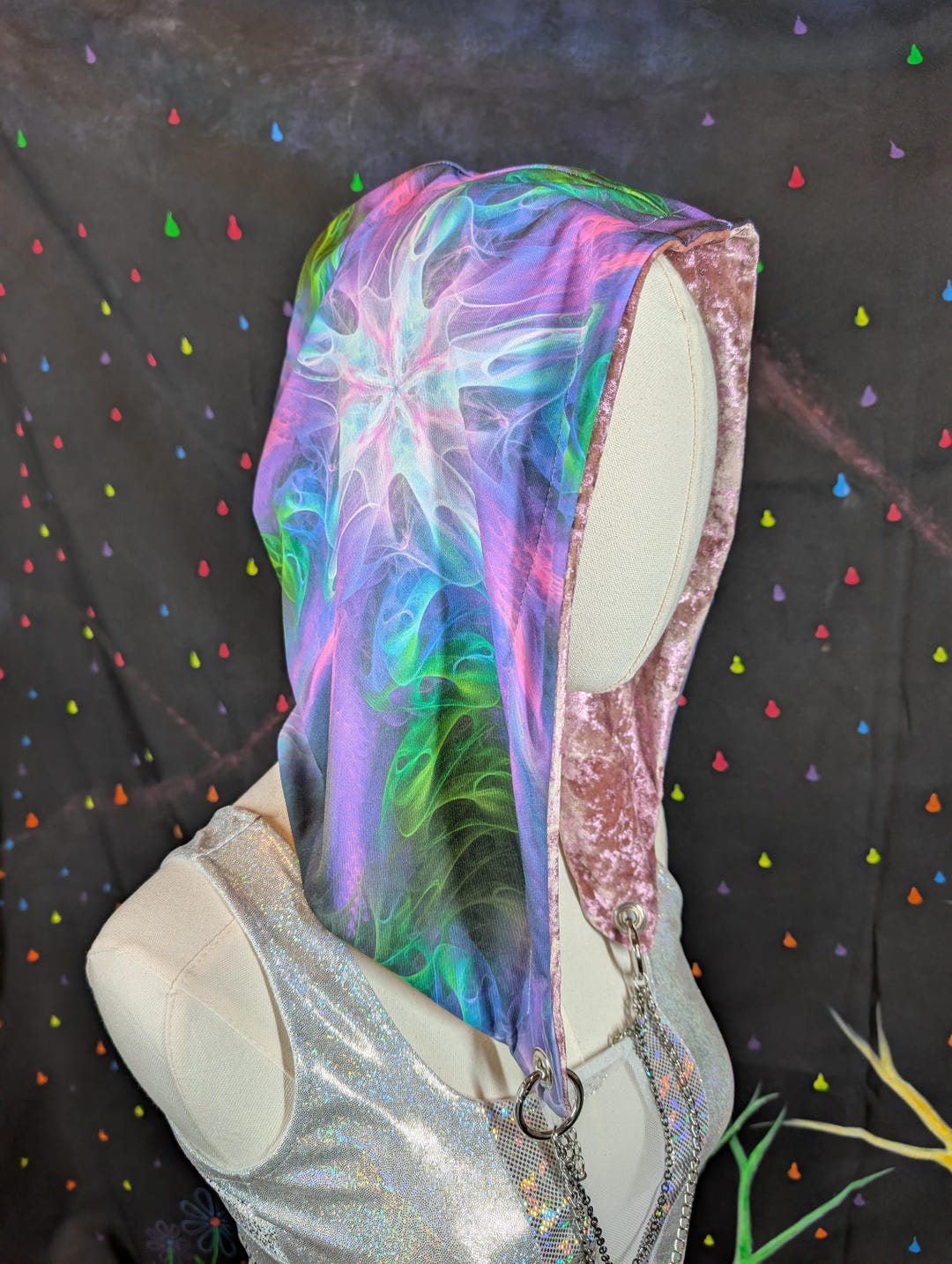 Reversible Fractal Rave Hood, Neon Blacklight Reactive, Pink Velvet ...