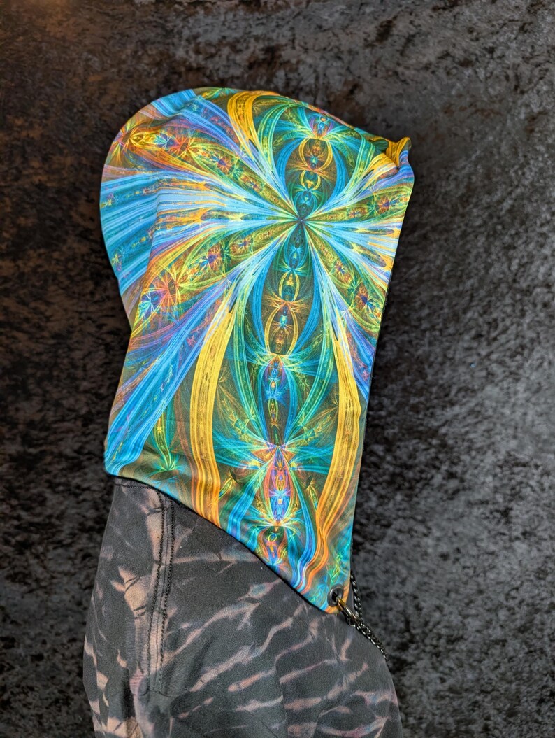 Fractal Blacklight Reactive Festival Rave Hood With Chain and Faux Fur ...