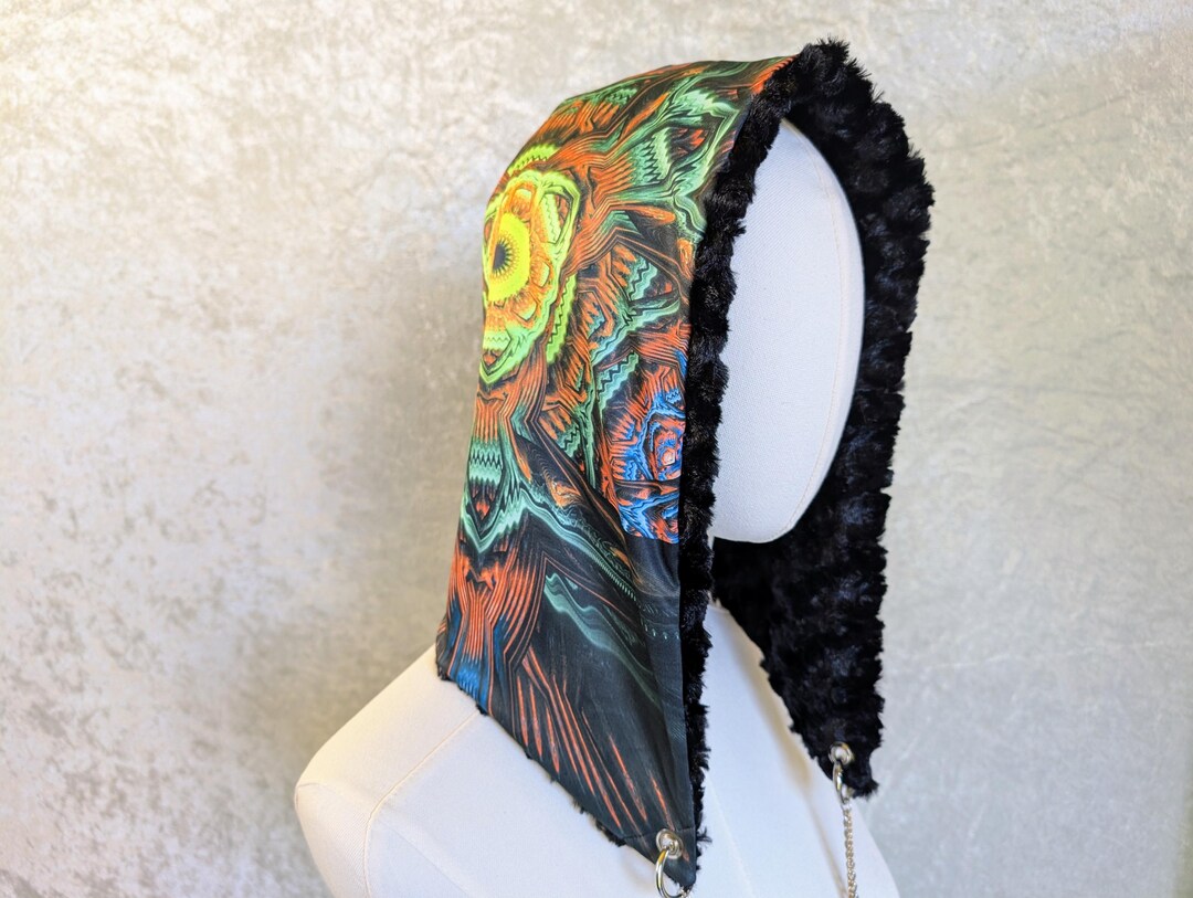 Fractal Blacklight Reactive Festival Rave Hood With Chain and Faux Fur ...