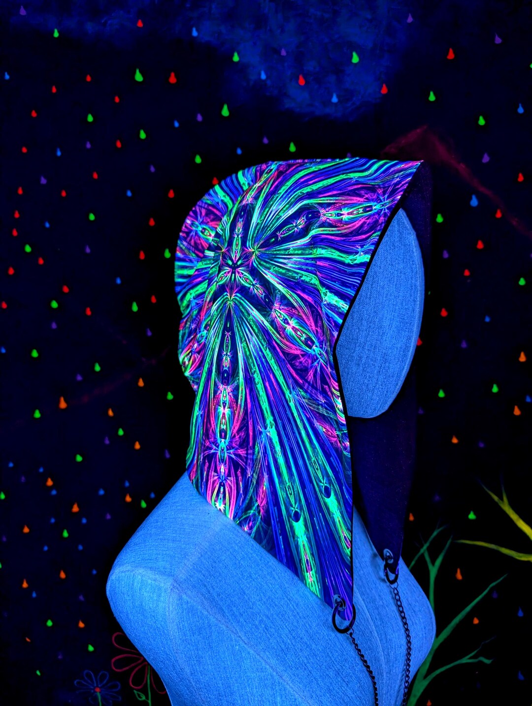 Fractal Neon Blacklight Reactive Hood, Rave Festival Wear, Pink Sparkle ...