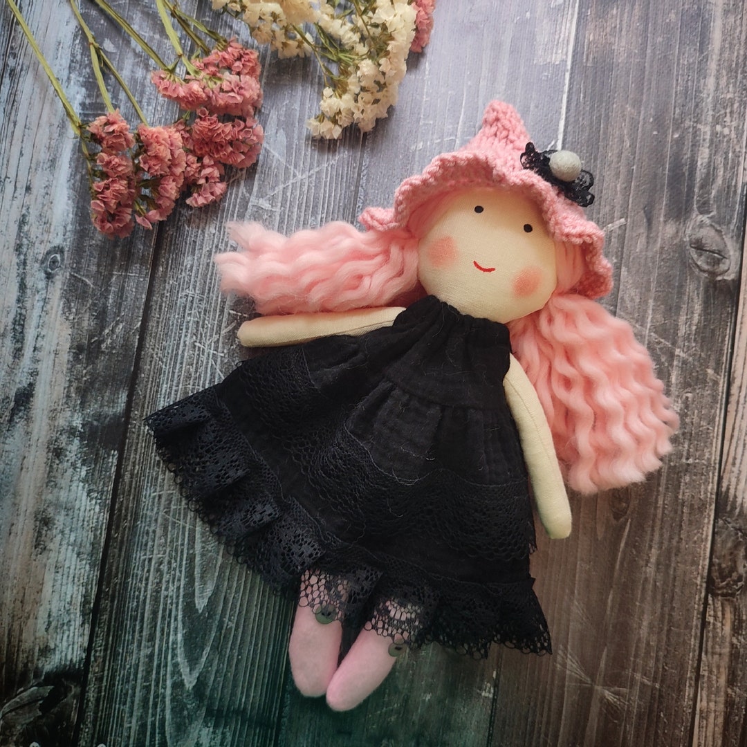Halloween Rag Doll Handmade, Witch Cloth Doll With Pink Hair, Fall ...