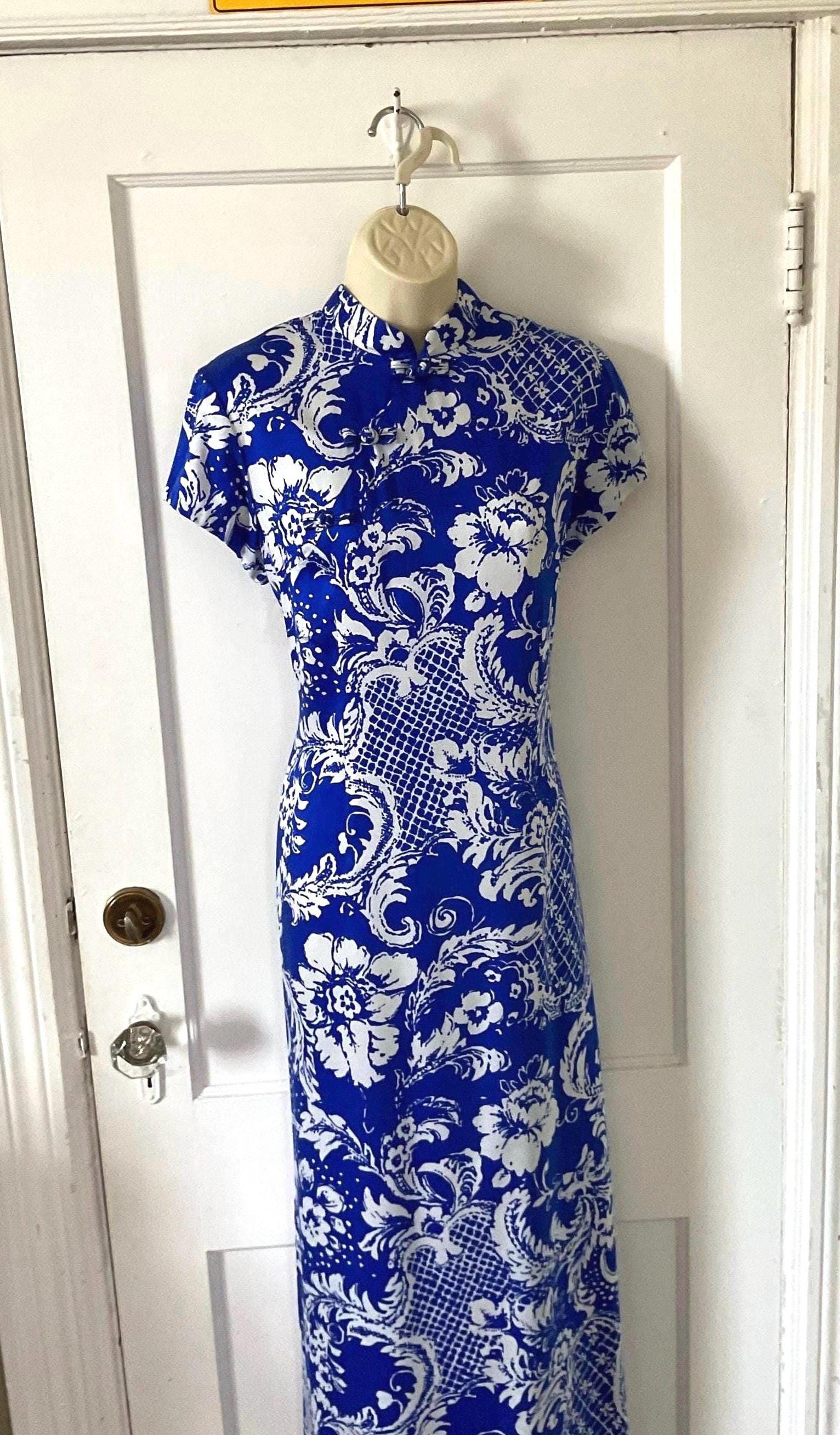 1970's Vintage Mcinerny Blue Floral Hawaiian Holoku Maxi Dress - Blue ...