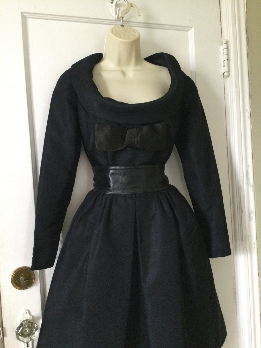 OLEG CASSINI Vintage Black Silk Dress - Black Silk Taffeta Long-sleeve ...