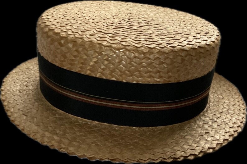 Vintage Sennit Straw Boaters Hat: 1950s Flat Top Grosgrain Ribbon ...
