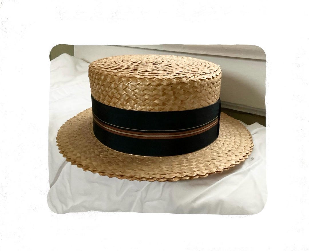 Vintage Sennit Straw Boaters Hat: 1950s Flat Top Grosgrain Ribbon ...