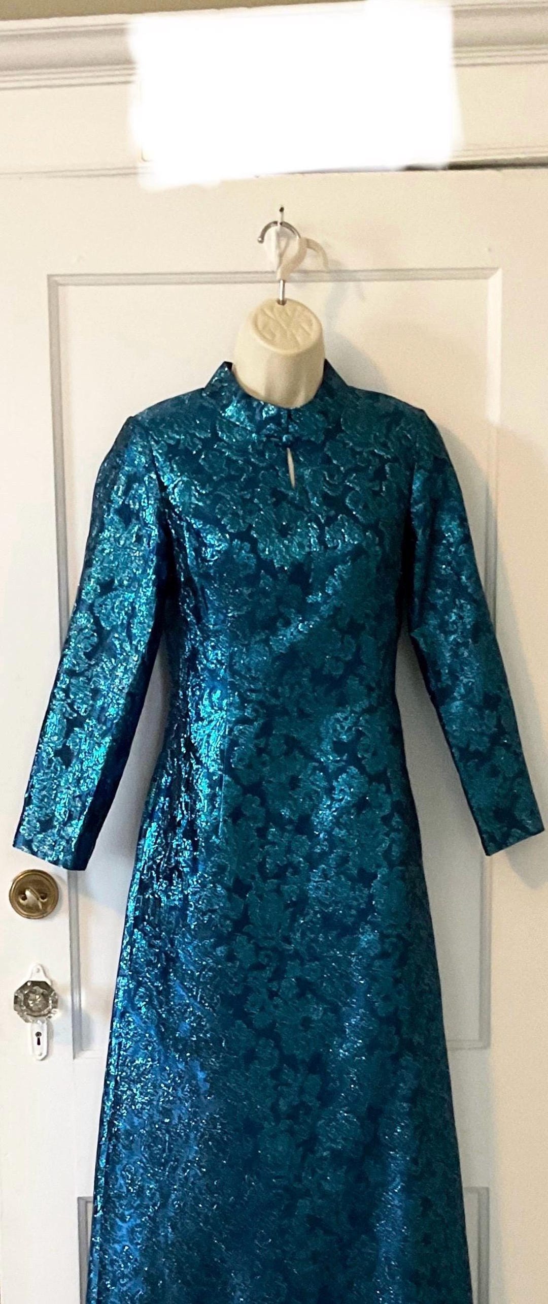 Blue 1960’s Vintage Silk Brocade Maxi Dress - Peacock-blue Floral ...