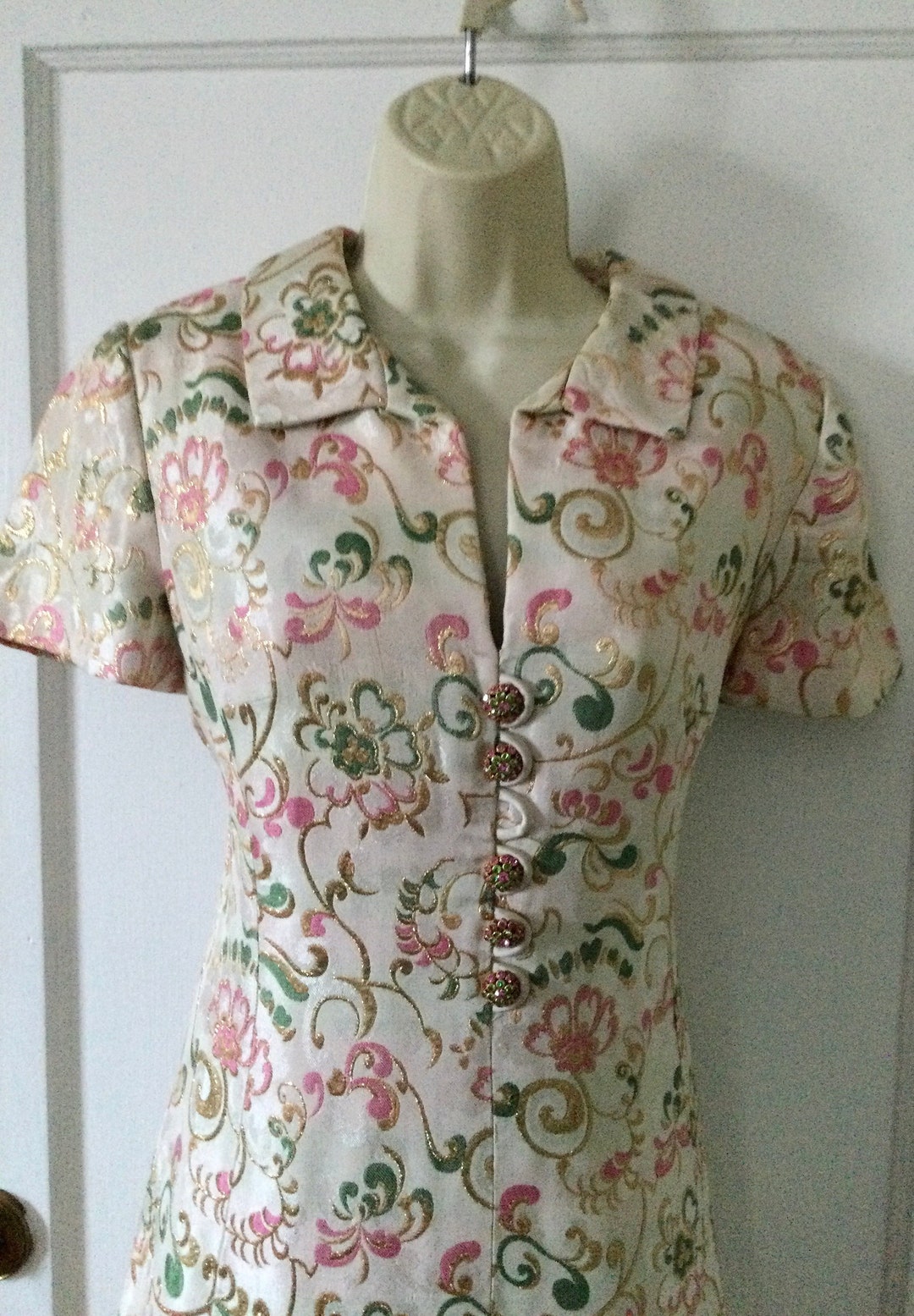 NAT KAPLAN 1960’s Brocade Dress - Khaki/green Flower Embossed Silk ...