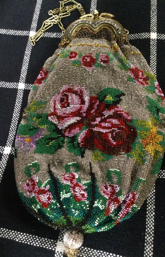 1920’s Antique Victorian Floral Beaded Bag - Grey/Red… - Gem
