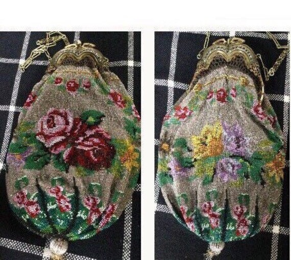 Antique Victorian Floral Beadwork Bag - Grey/Red 1920… - Gem