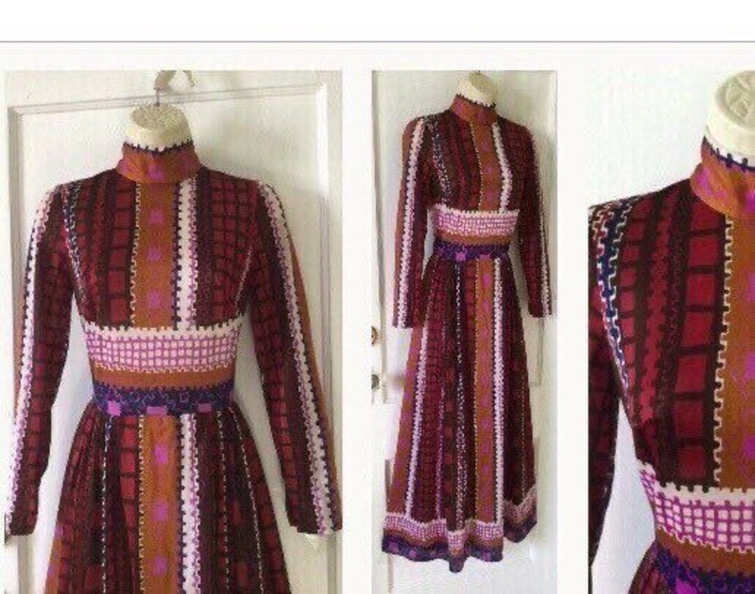 1970s JEAN VARON Maxi Dress Maroon-red/blue 1970s Vintage Geometric ...