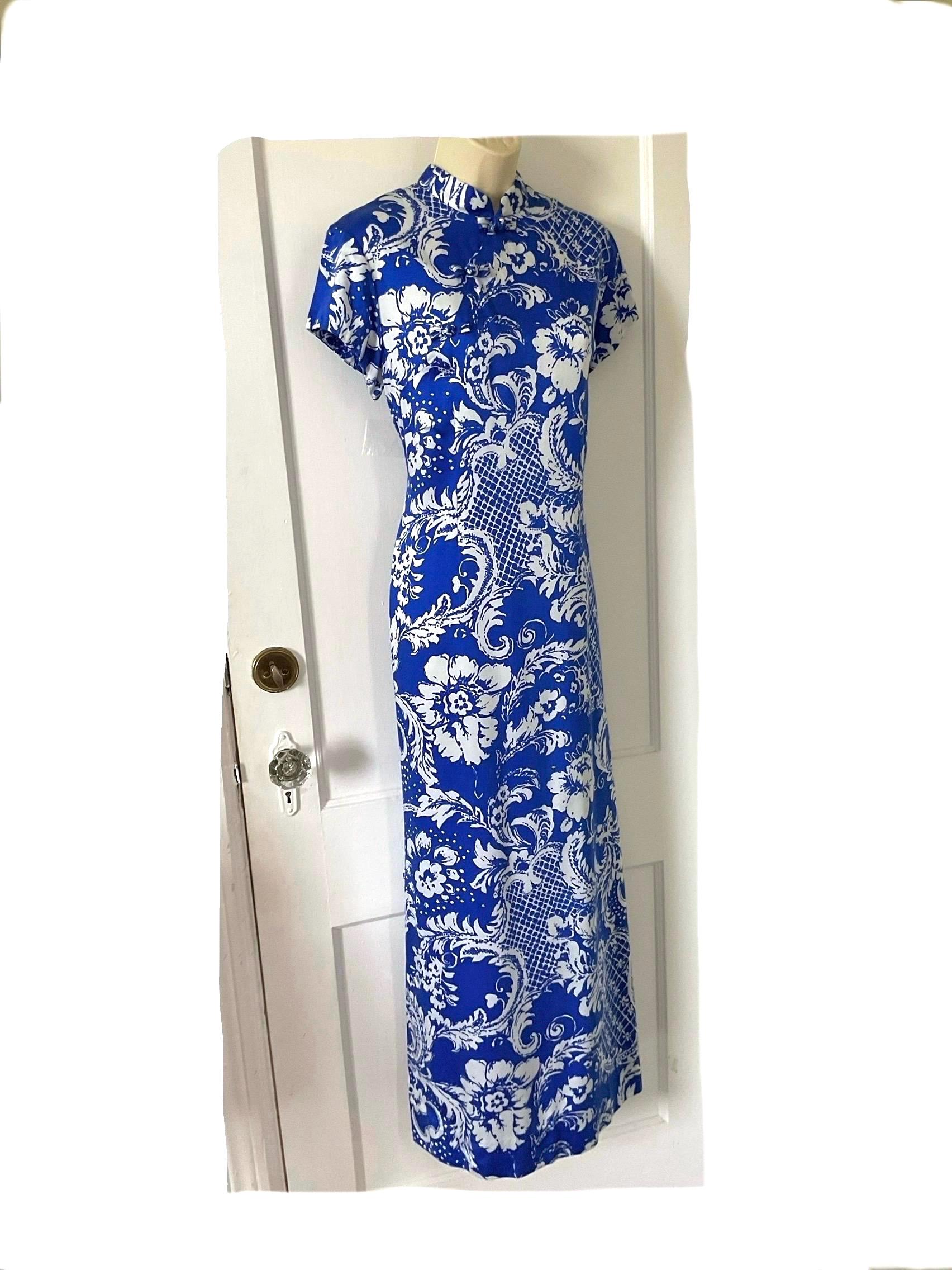 1970's Vintage Mcinerny Blue Floral Hawaiian Holoku Maxi Dress - Blue ...