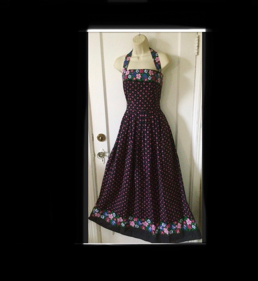 Floral/polkadot ALBERT CAPRARO Halter Maxi Dress - Dark Blue Floral Polkadot Print 1980’s ...