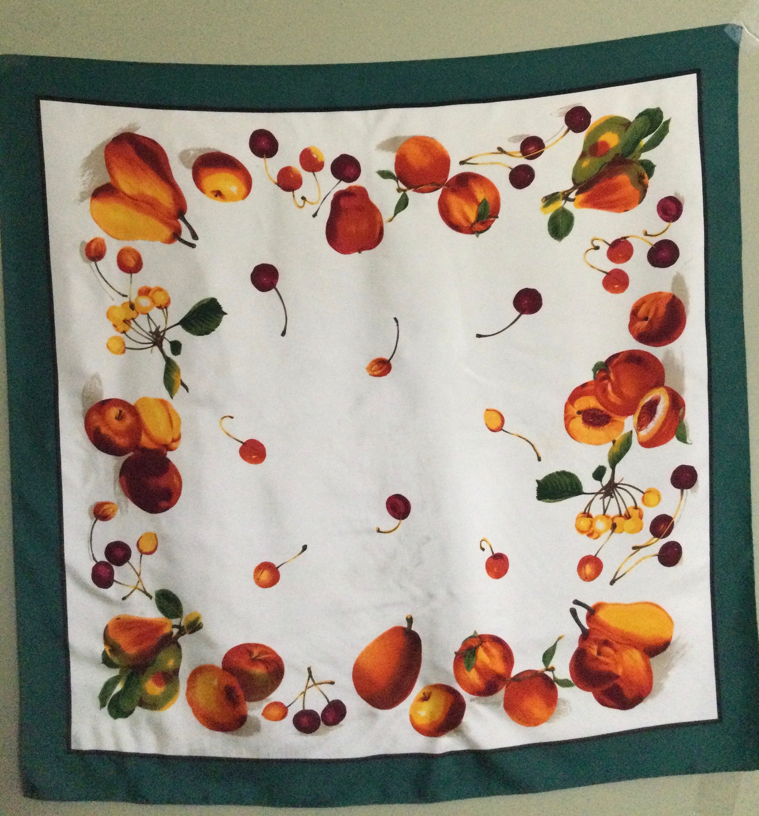 Juraku Fruit Print Vintage Scarf - Ivory/rust Fruit Print Vintage Silk ...