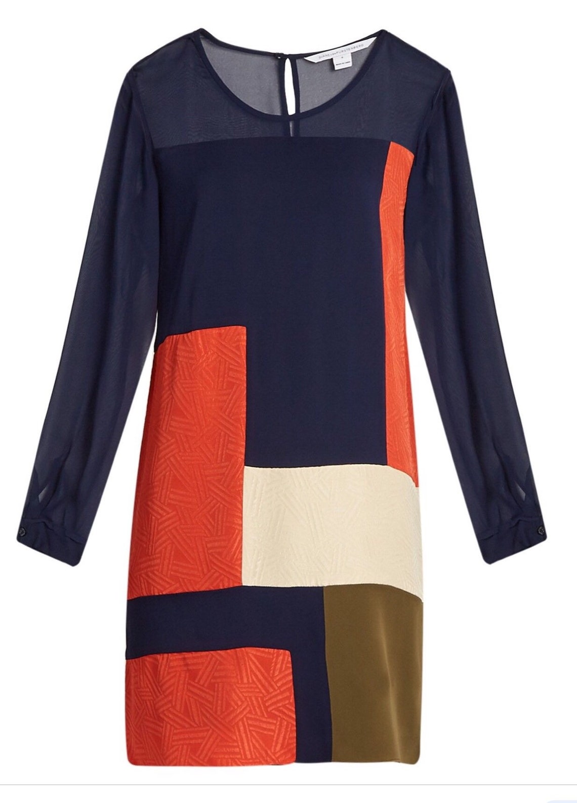 DVF RAEGAN Shift Dress Navy-blue Silk Patch-work/color-block Long ...