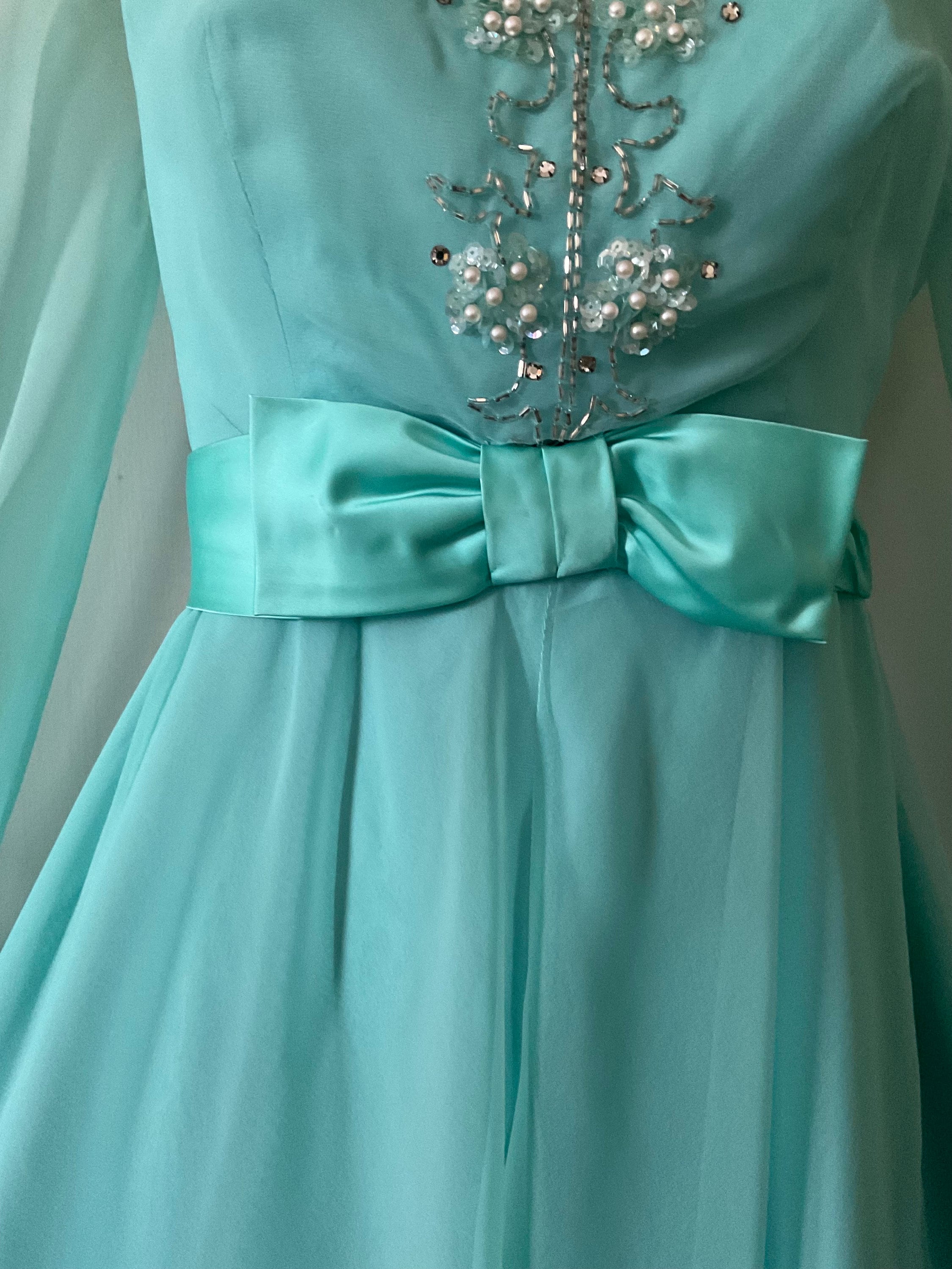 Vintage Turquoise-blue Chiffon Silk Beaded Maxi Dress - Turquoise Blue ...