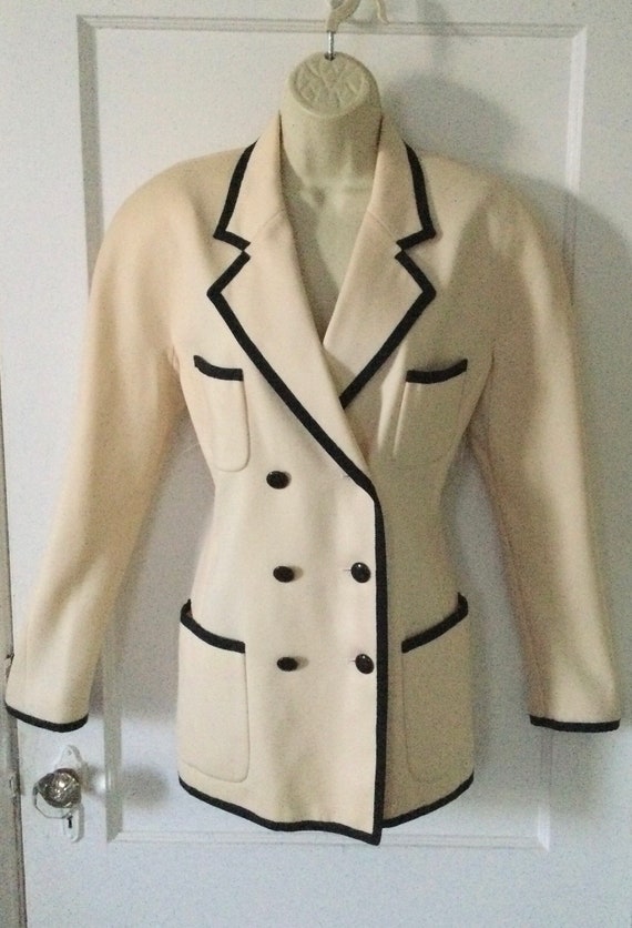 Ivory Vintage ESCADA Wool Blazer Jacket - Ivory/Black… - Gem