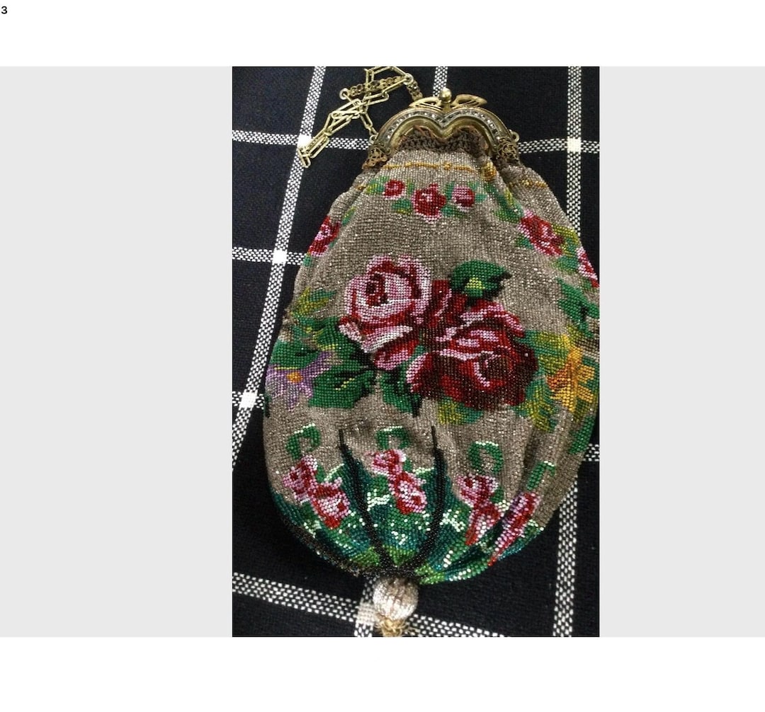 Antique Victorian Floral Beadwork Bag Grey/red 1920s Floral Glass ...