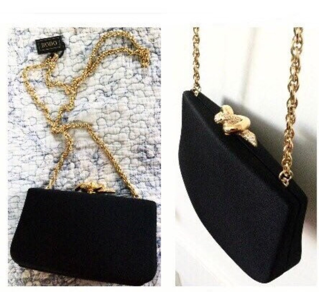 Black Silk Vintage RODO Bag New Black Satin Silk Chainlink Strap 1980s ...