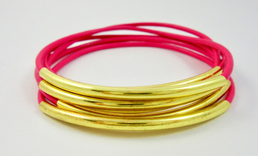 Set of Six Stacking Bracelets, Hot Pink Leather Bracelets, Gold Tube ...