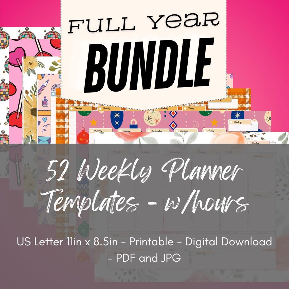 FULL YEAR Weekly Schedule Template W/hours 5 Digital Download Bundle ...